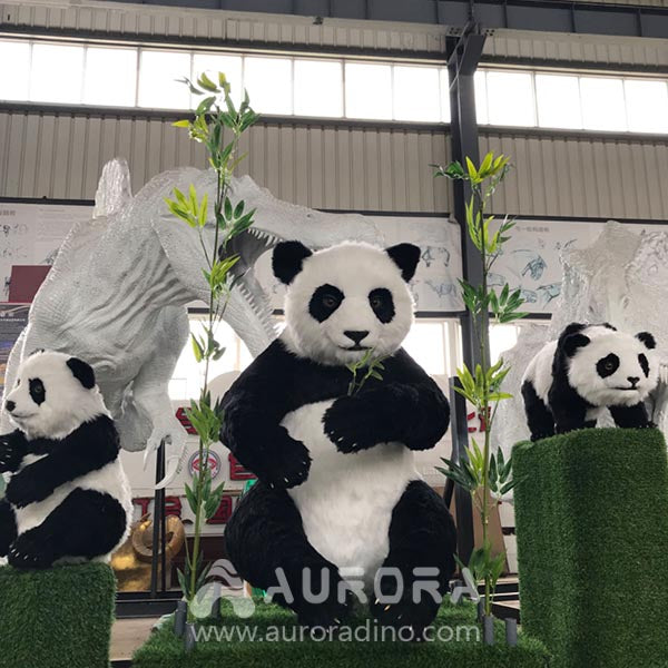 Animatronic Panda Eating Bamboo And Baby Panda Group