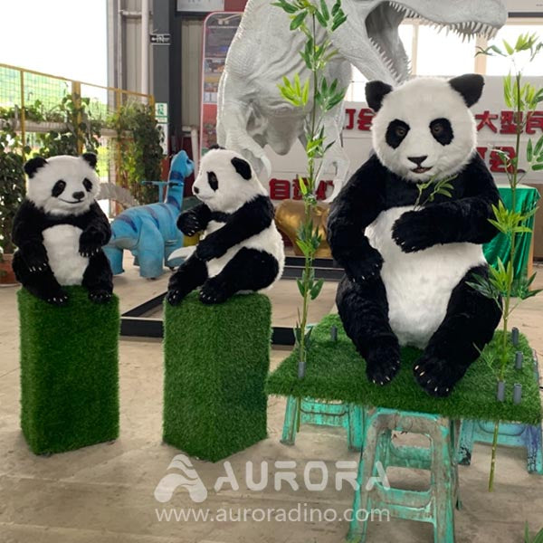 Animatronic Panda Eating Bamboo And Baby Panda Group